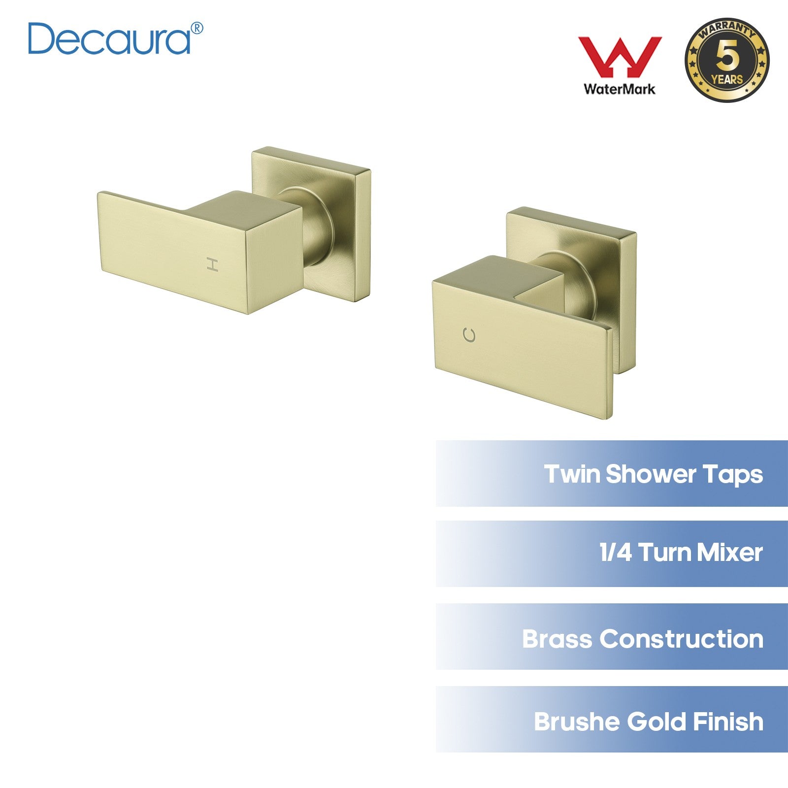 Decaura Watermark Square Shower Taps Brushed Gold 1/4 Turn Wall Top As ...
